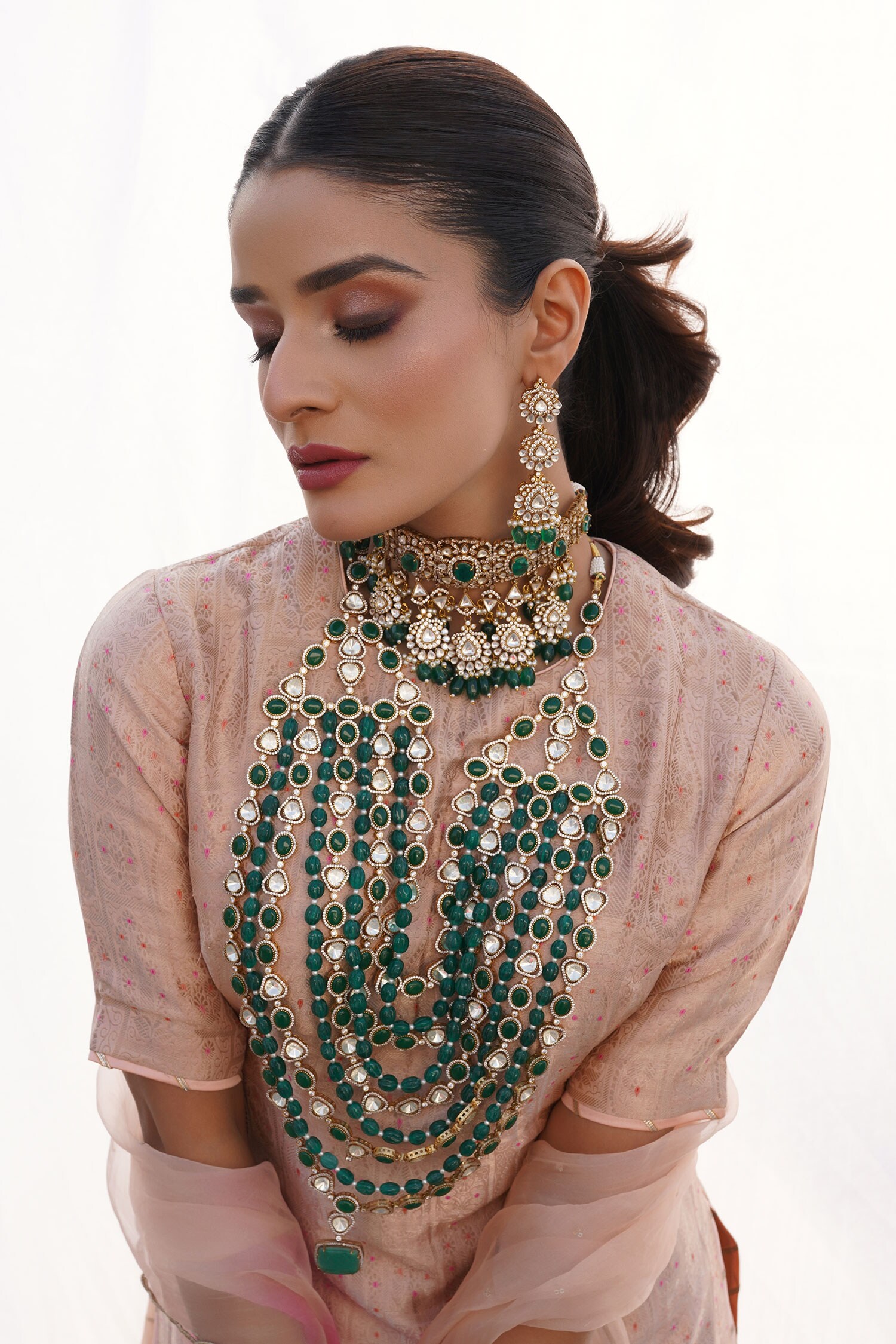 Buy Emerald Green Polki Jorawar Haar Embellished Necklace Set by ...