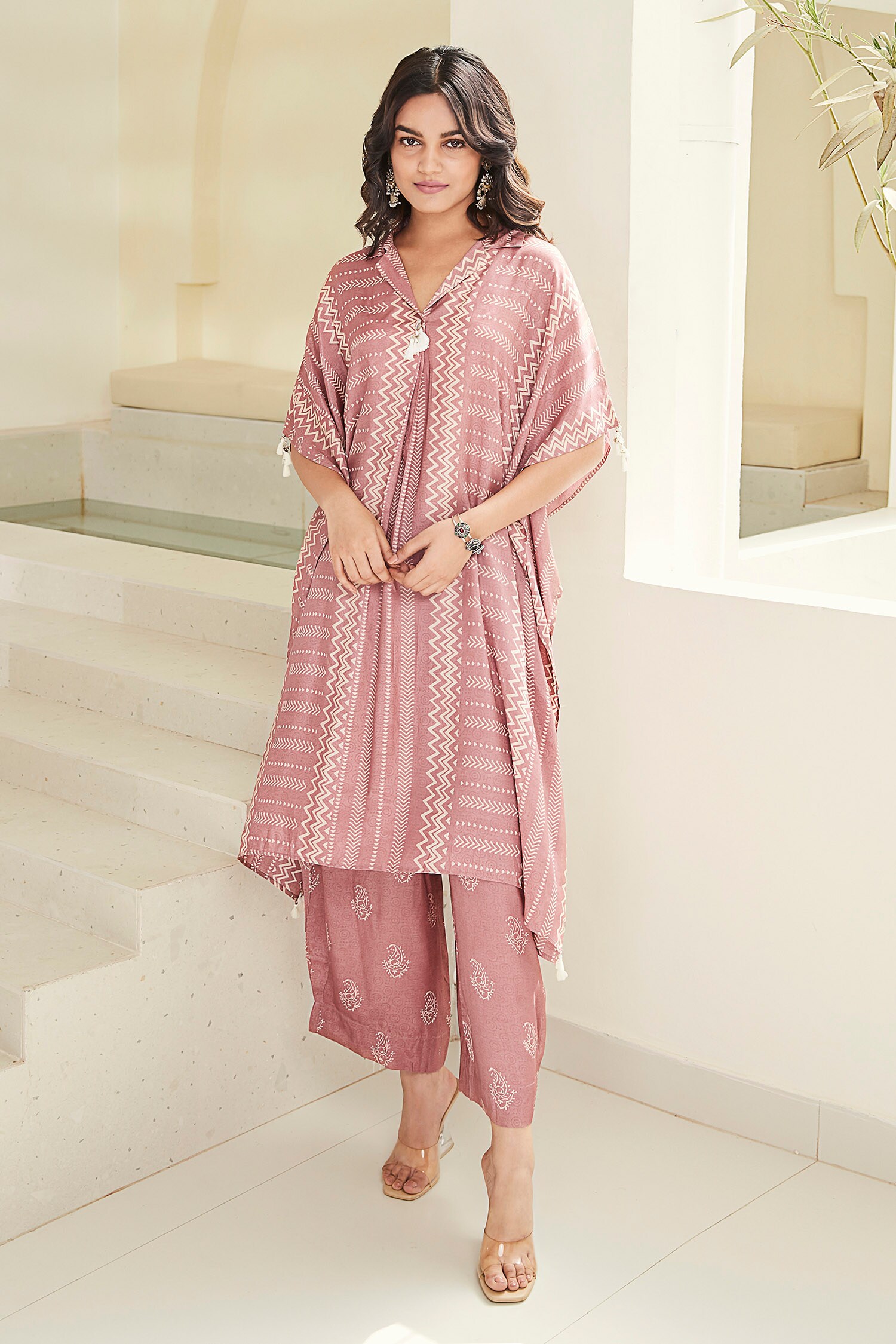 Buy Pink Cotton Silk Print Aztec Lapel Collar Tunic With Trouser For ...