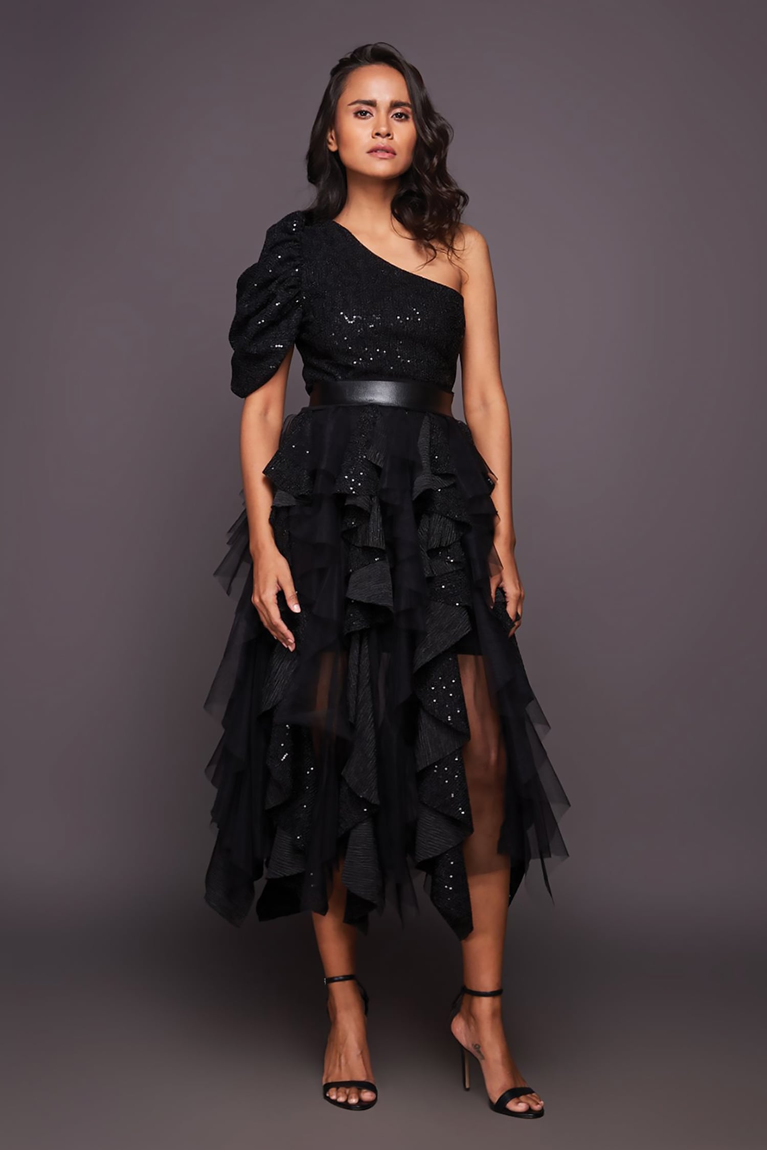 Buy Deepika Arora Black Ponte Roma Sequinned Bodysuit And Ruffle Skirt ...