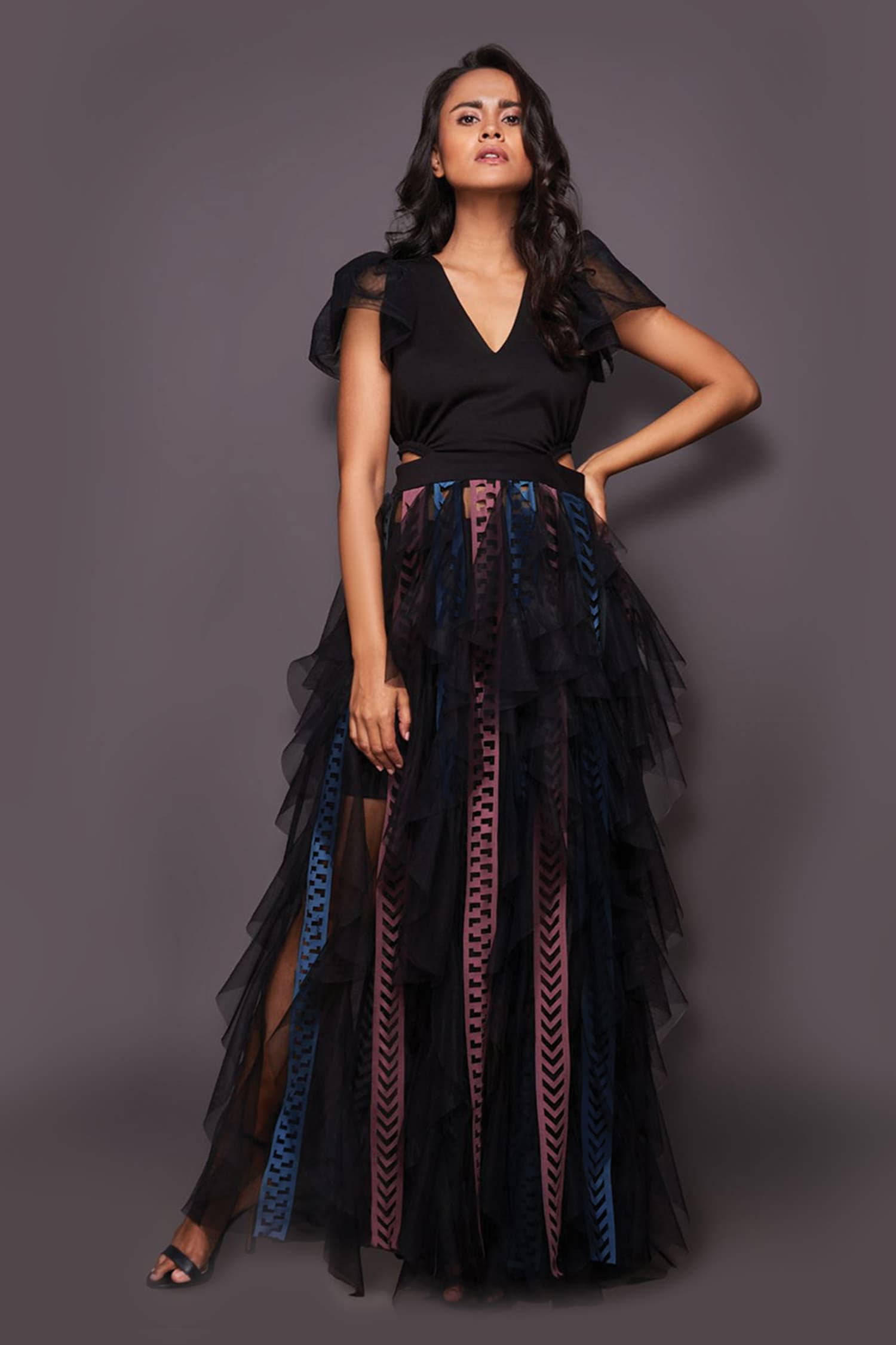 Buy Deepika Arora Black Cotton Ruffle Panelled Dress Online | Aza Fashions