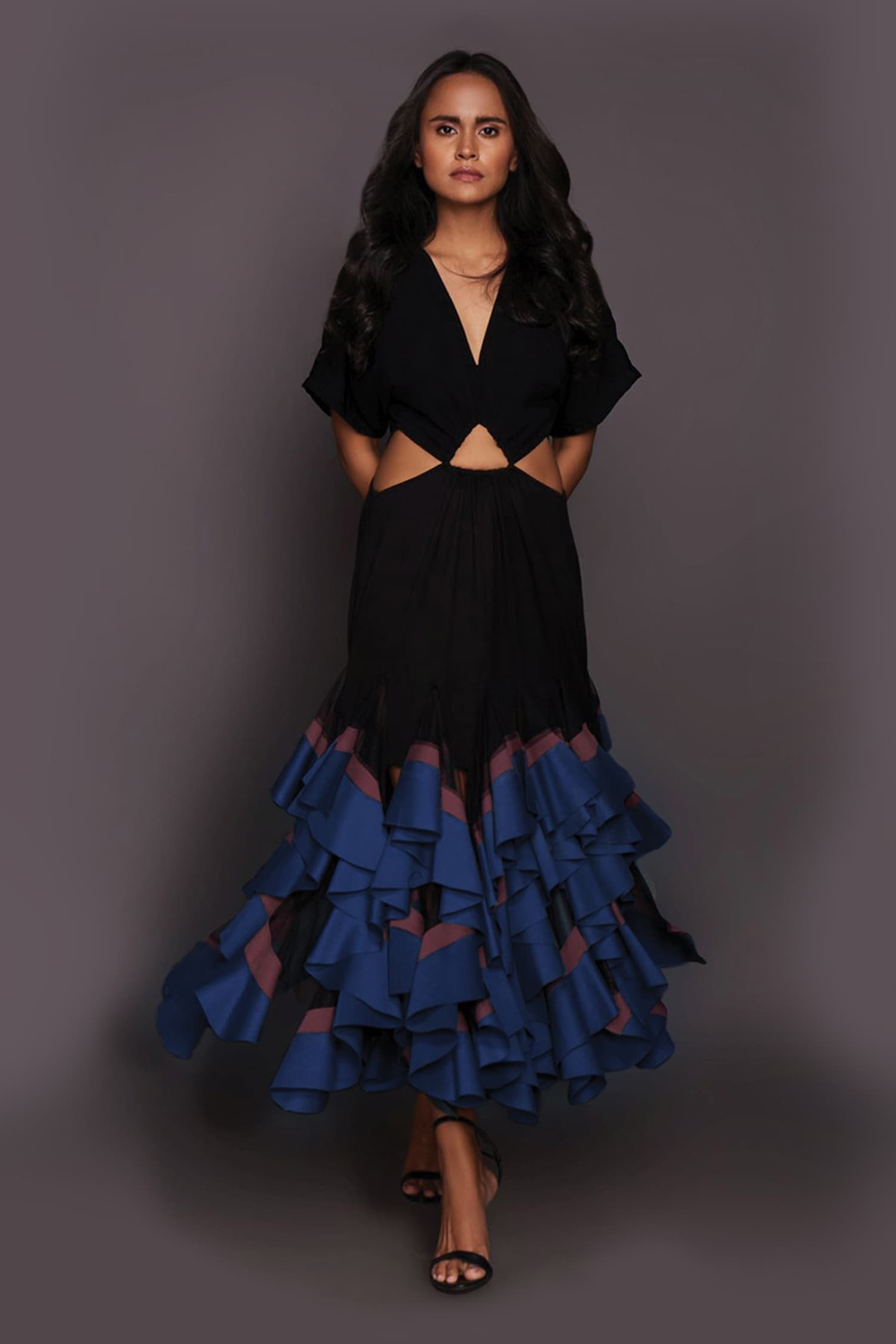 Buy Black Roma Color Block Pattern V Neck Ruffle Godet Dress For Women ...