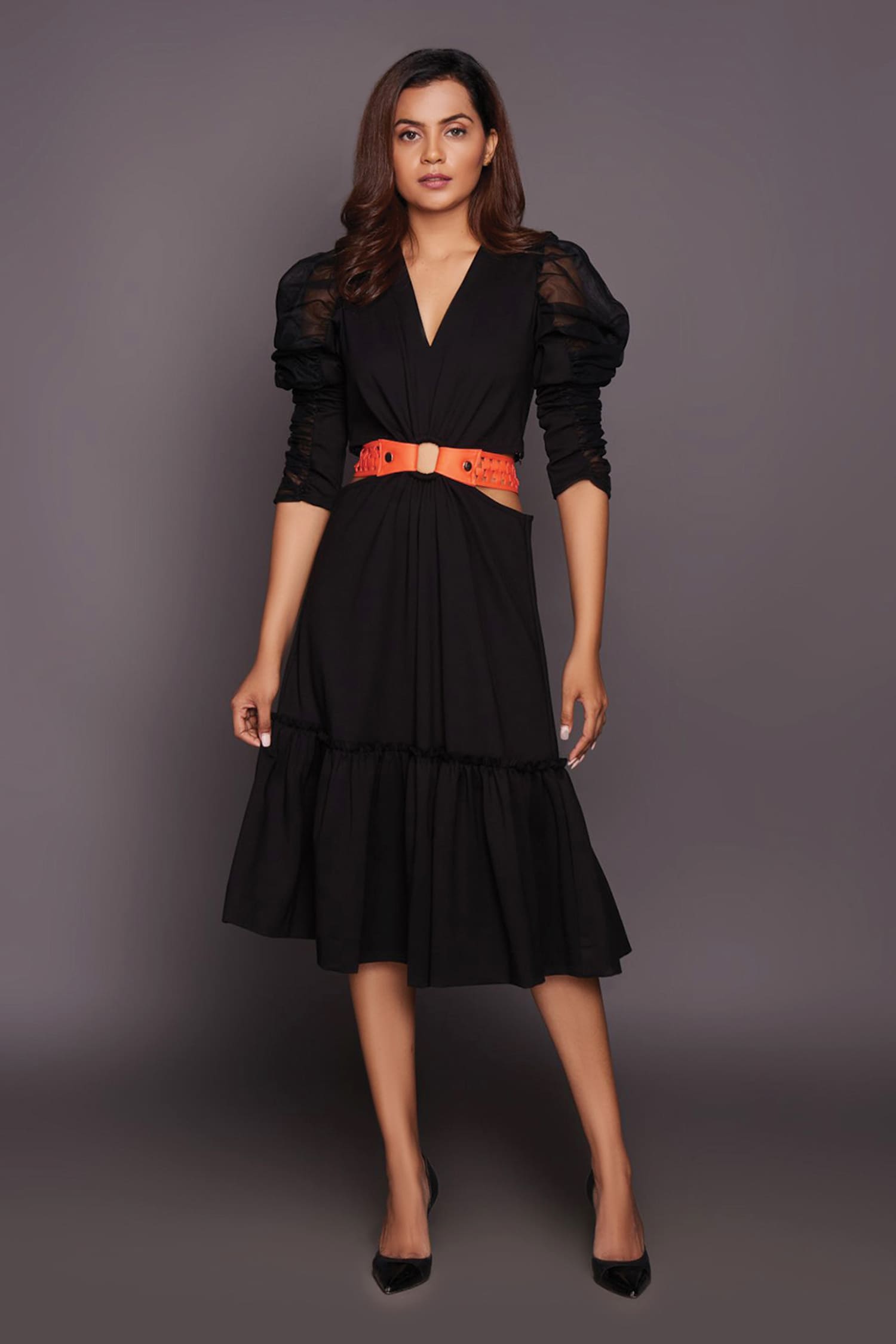 Buy Black Ponte Roma Plain V Neck Cowl Sleeve Dress With Belt For Women ...