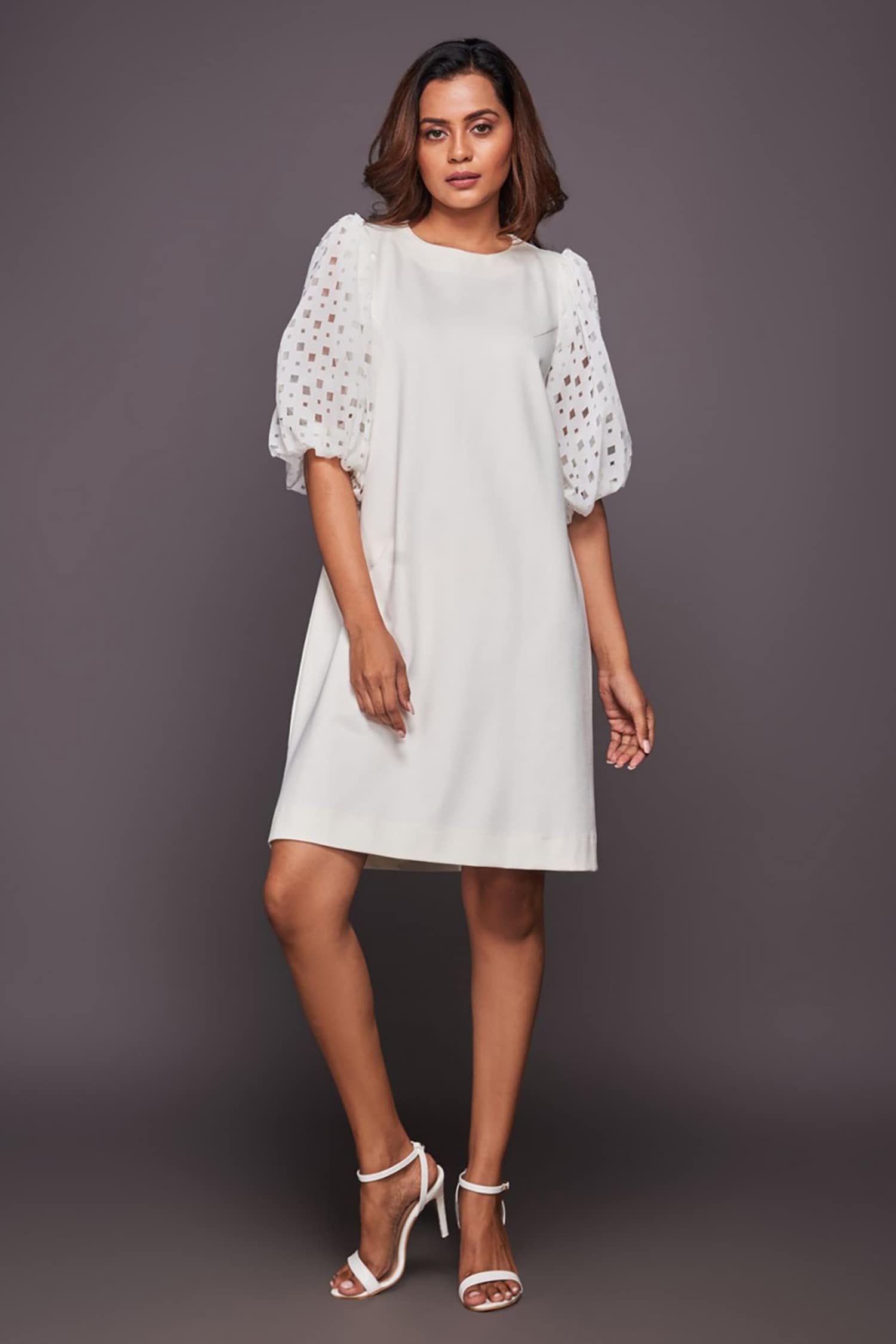 Buy White Georgette Round Straight Fit Cutwork Dress For Women by ...
