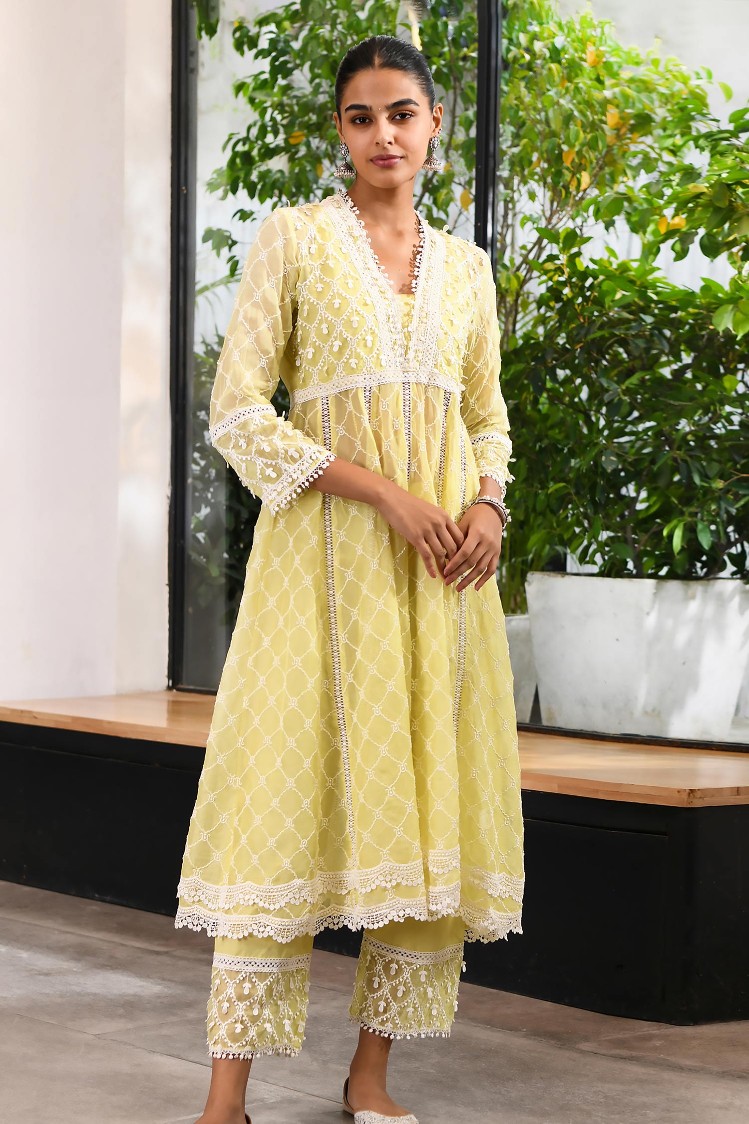 Mulmul Yellow 100% Pure Mulmul Embroidery Dori Anarkali And Pant Set ...