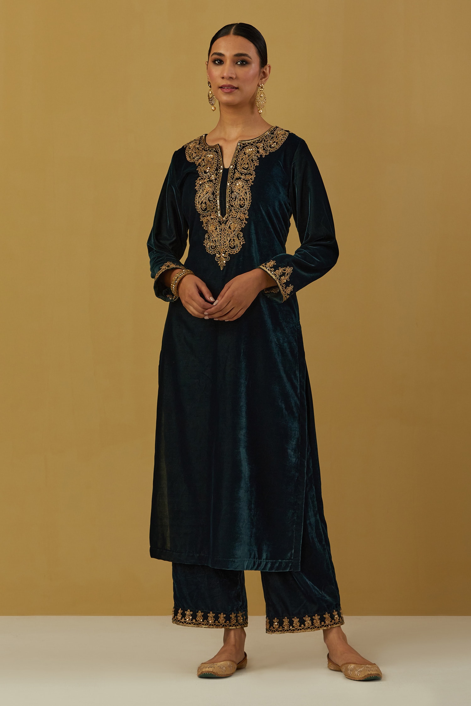 Buy Blue Silk Velvet Embroidered Paisley V Neck Kurta For Women by ...