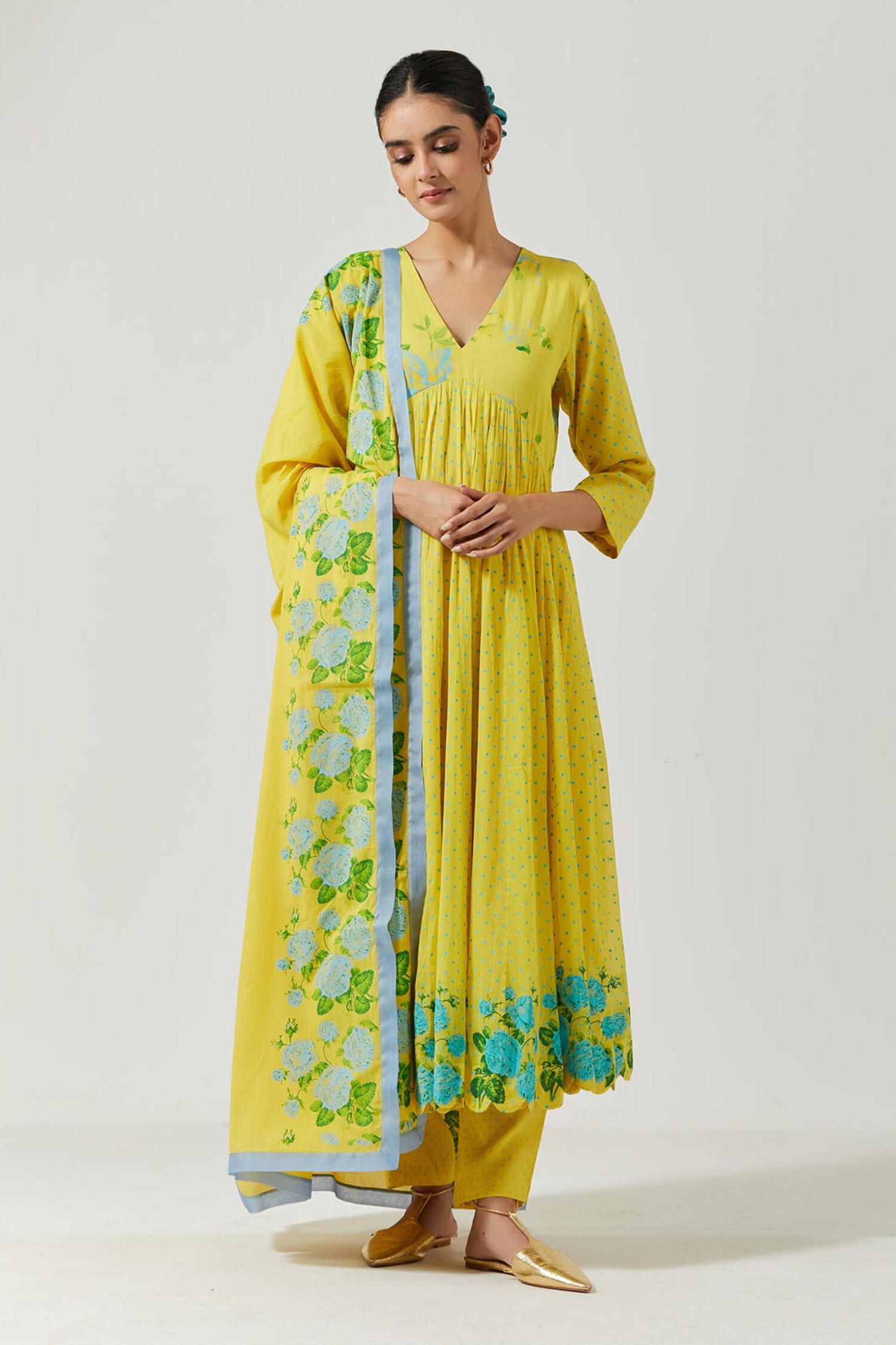Buy Yellow Cotton Mul Printed Floral V Neck Gathered Kurta Set For ...