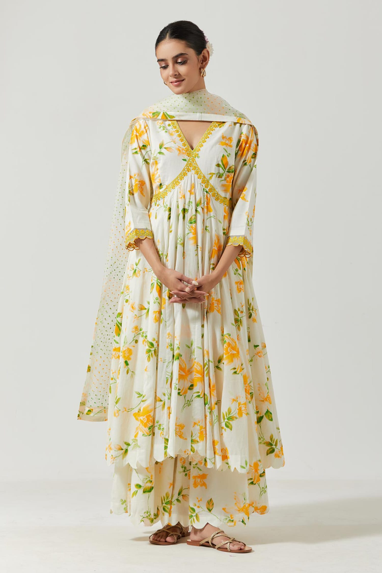 Buy Ivory Cotton Mul And Embroidery Floral V Neck Anarkali Set For ...