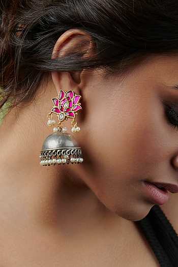 Buy Curio Cottage The Gypsy Blooming Embellished Lotus Jhumka Earrings ...