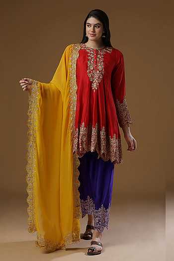 Buy Multi Color Elha Silk Embroidered Aari Work Round Anarkali Salwar ...