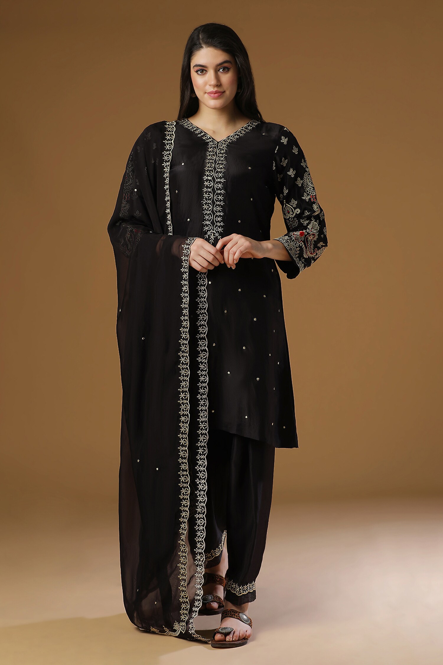 Buy Black Silk Embroidered Resham V Neck Thread And Zari Kurta Set For ...