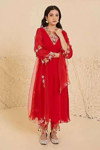 Buy Radha Sharma Red Georgette Straight Kurta Pant Set Online | Aza ...