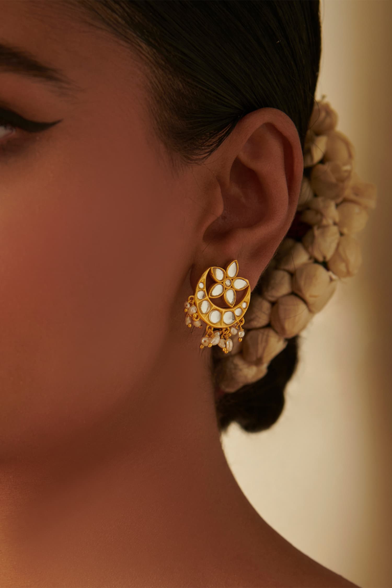 Buy Gold Plated Mirror Polki Chaand Phool Shaped Stud Earrings by ...