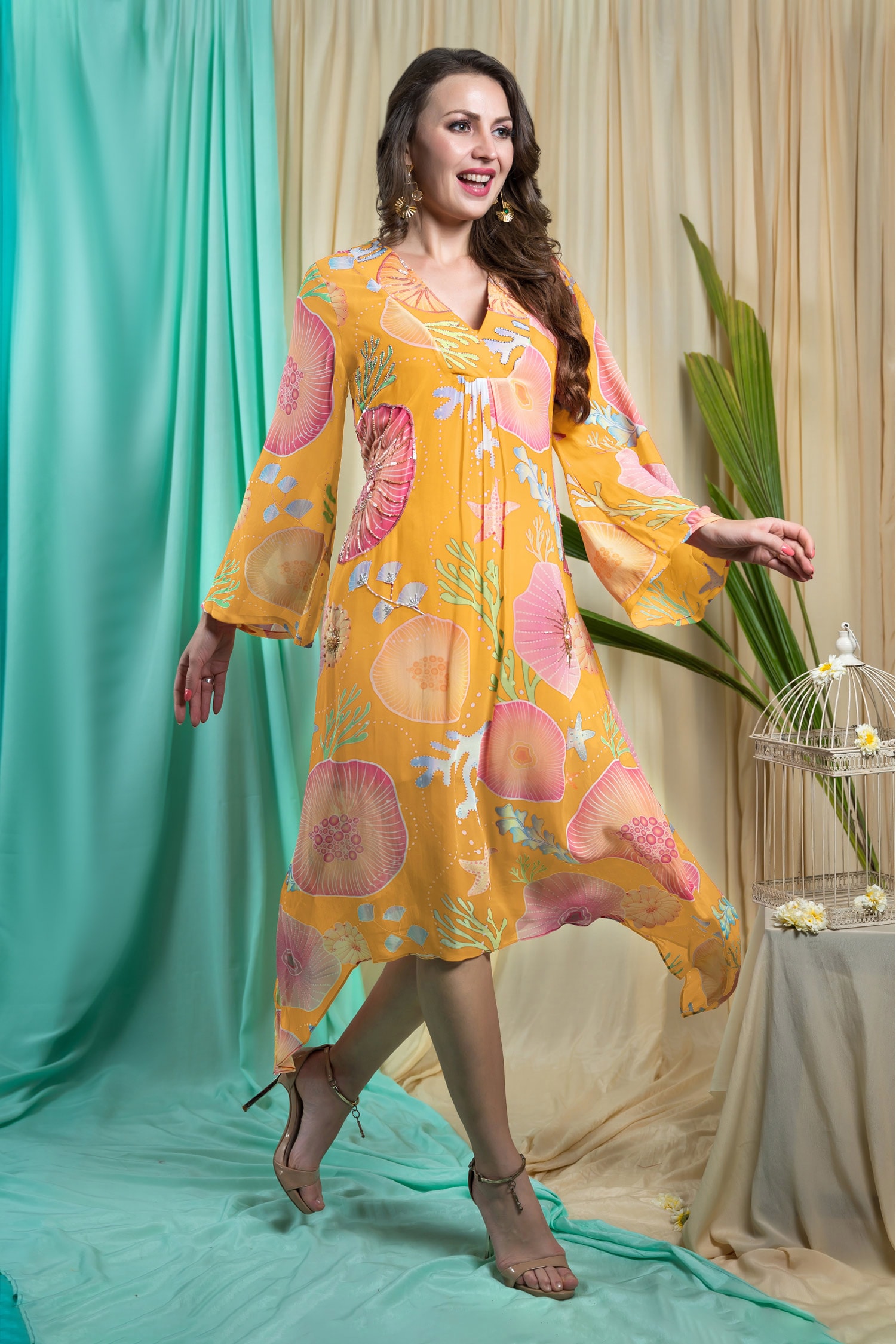 Buy Yellow Georgette + Shanton Print Floral Bloom V Neck Calendonia ...