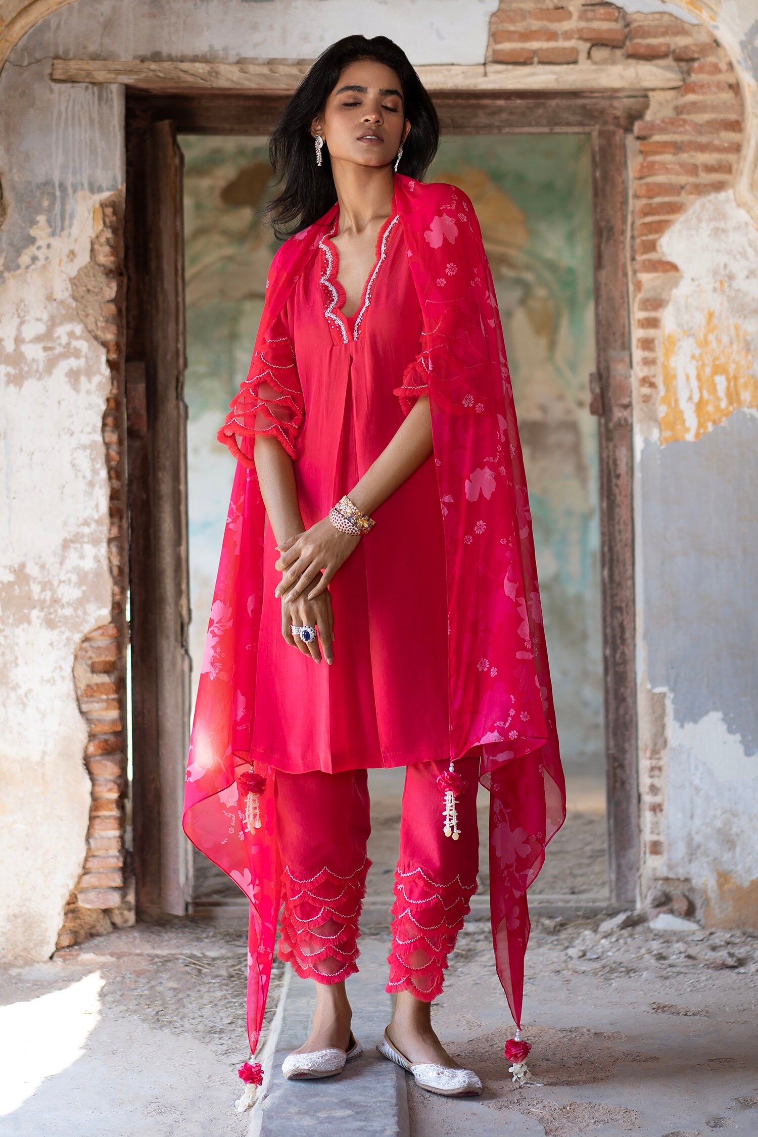 Buy Pink Soft Organza Printed Bagh Scallop Neckline Embroidered Kurta ...