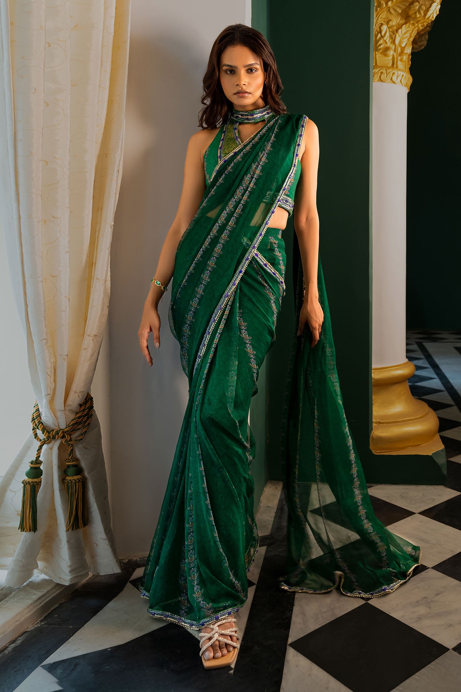 Buy Green Chiffon Hamsa Halter Neck Kaur Pre-draped Saree With Blouse ...