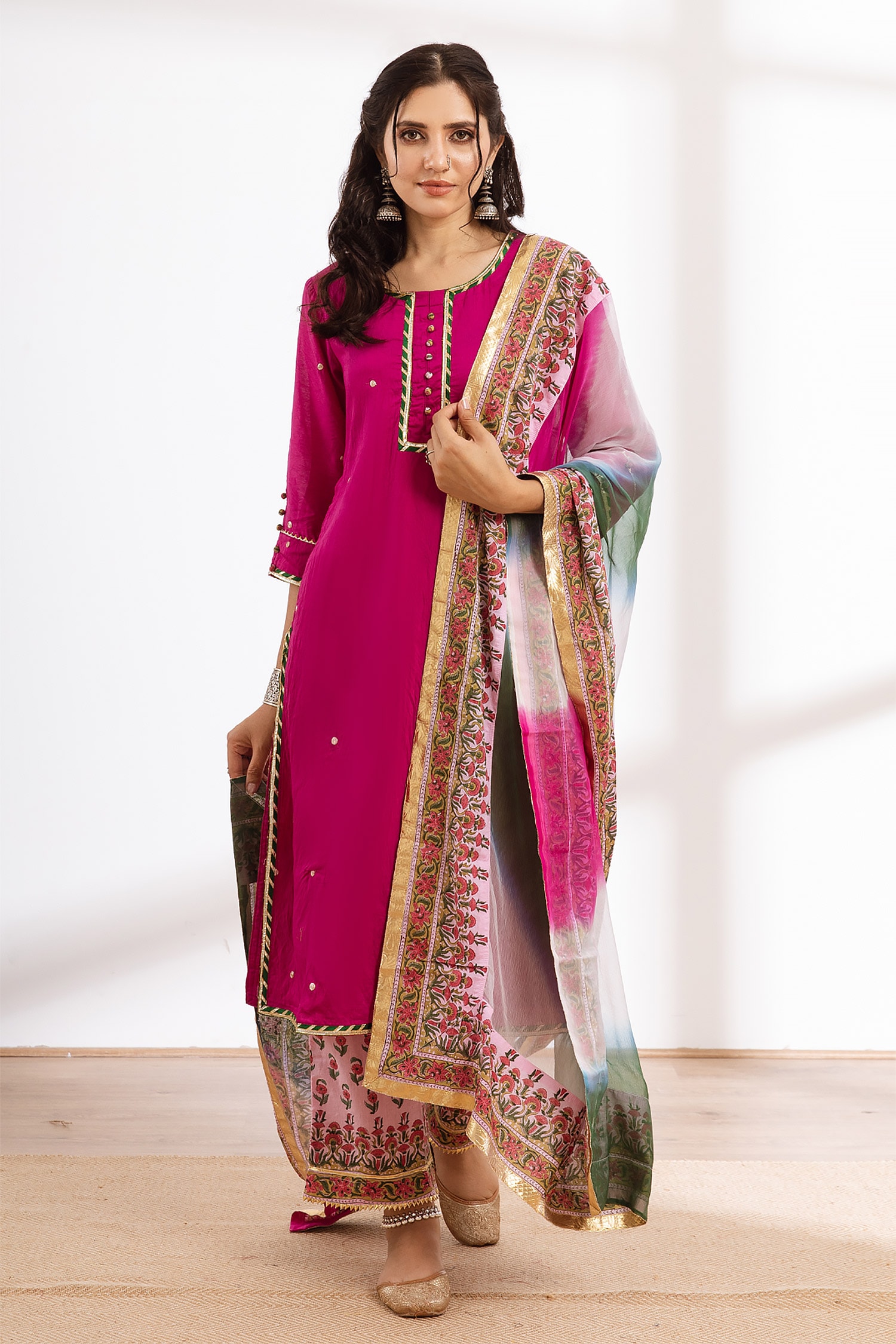 Buy Pink Kurta Chanderi Printed Block Zari Embroidered Pant Set For Women by Maison Shefali ...