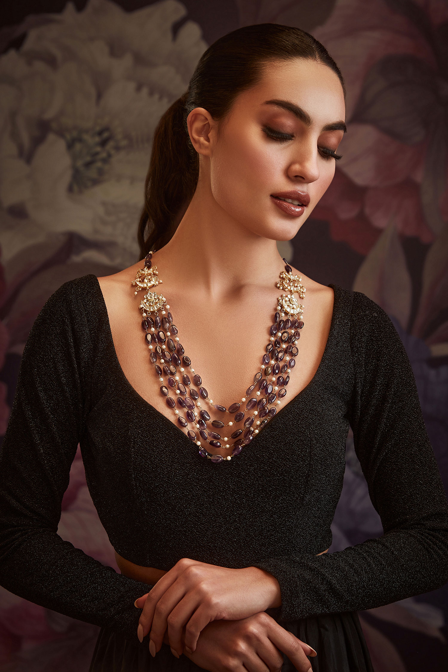 Buy Purple Polki Amethyst Layered Contemporary Necklace by Paisley Pop ...