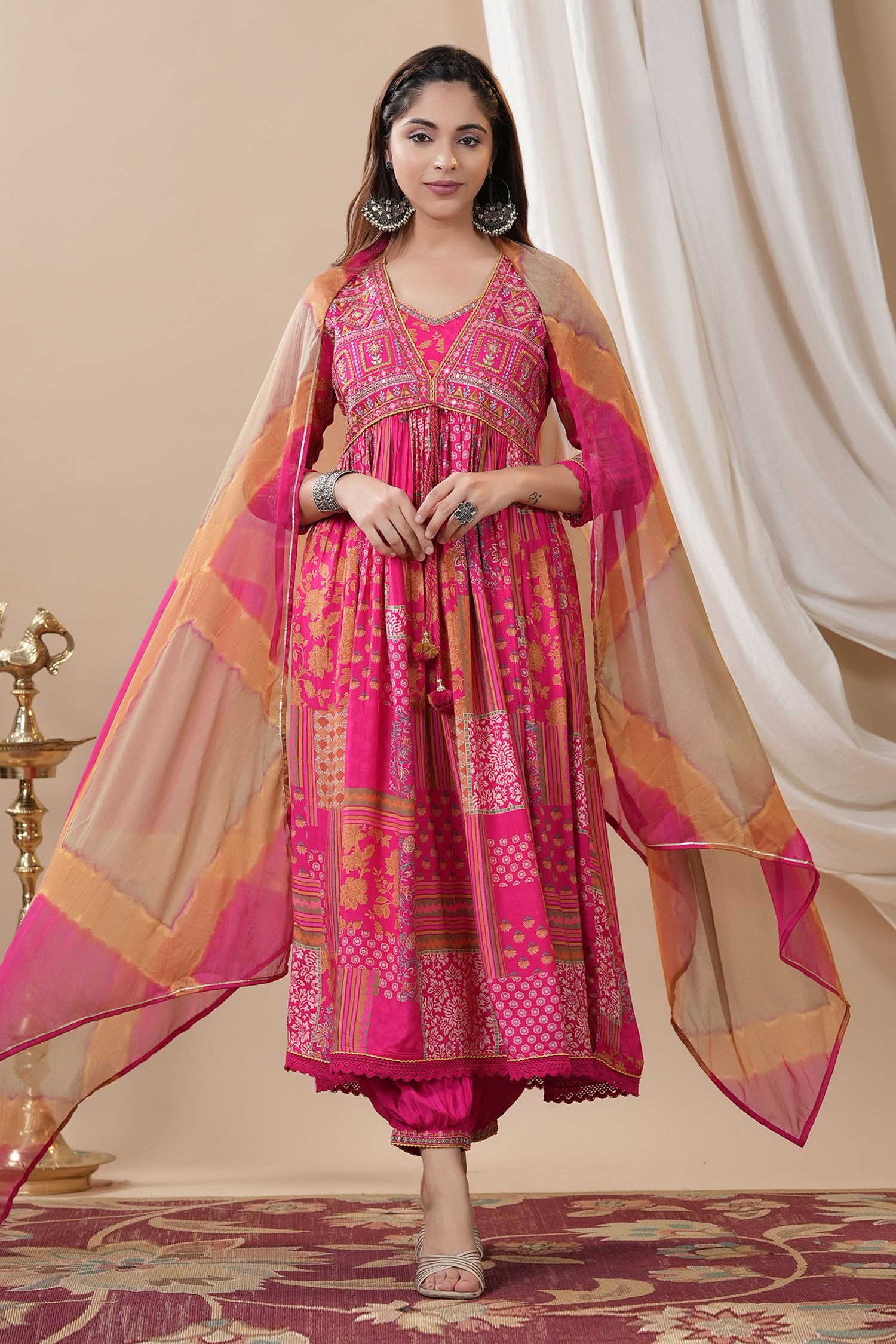 Buy Pink Anarkali Muslin Printed Floral V Neck Flower Set With Tie Dye ...