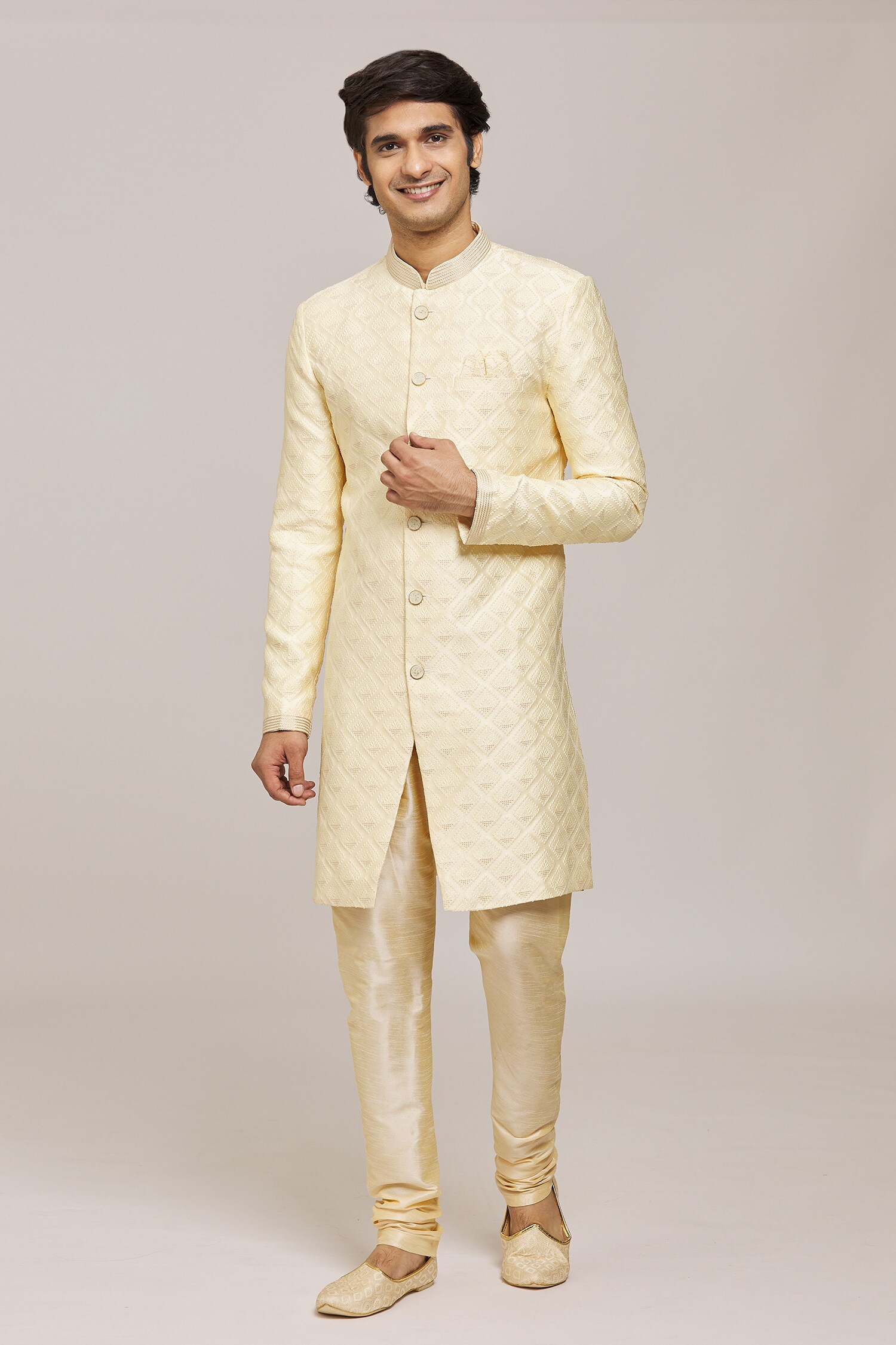 Buy Aryavir Malhotra Gold Textured Diamond Pattern Sherwani With ...