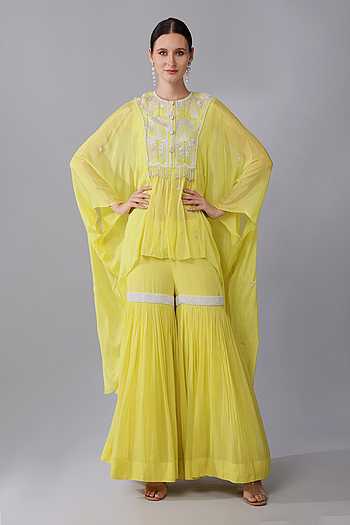 Buy Yellow Chiffon Crepe Embellished Flower Yoke Tunic And Gharara Set ...