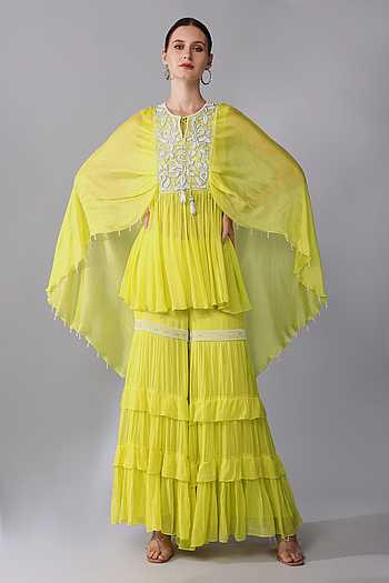 Buy Keith Gomes Yellow Georgette Yoke Embroidered Cape Tunic And ...