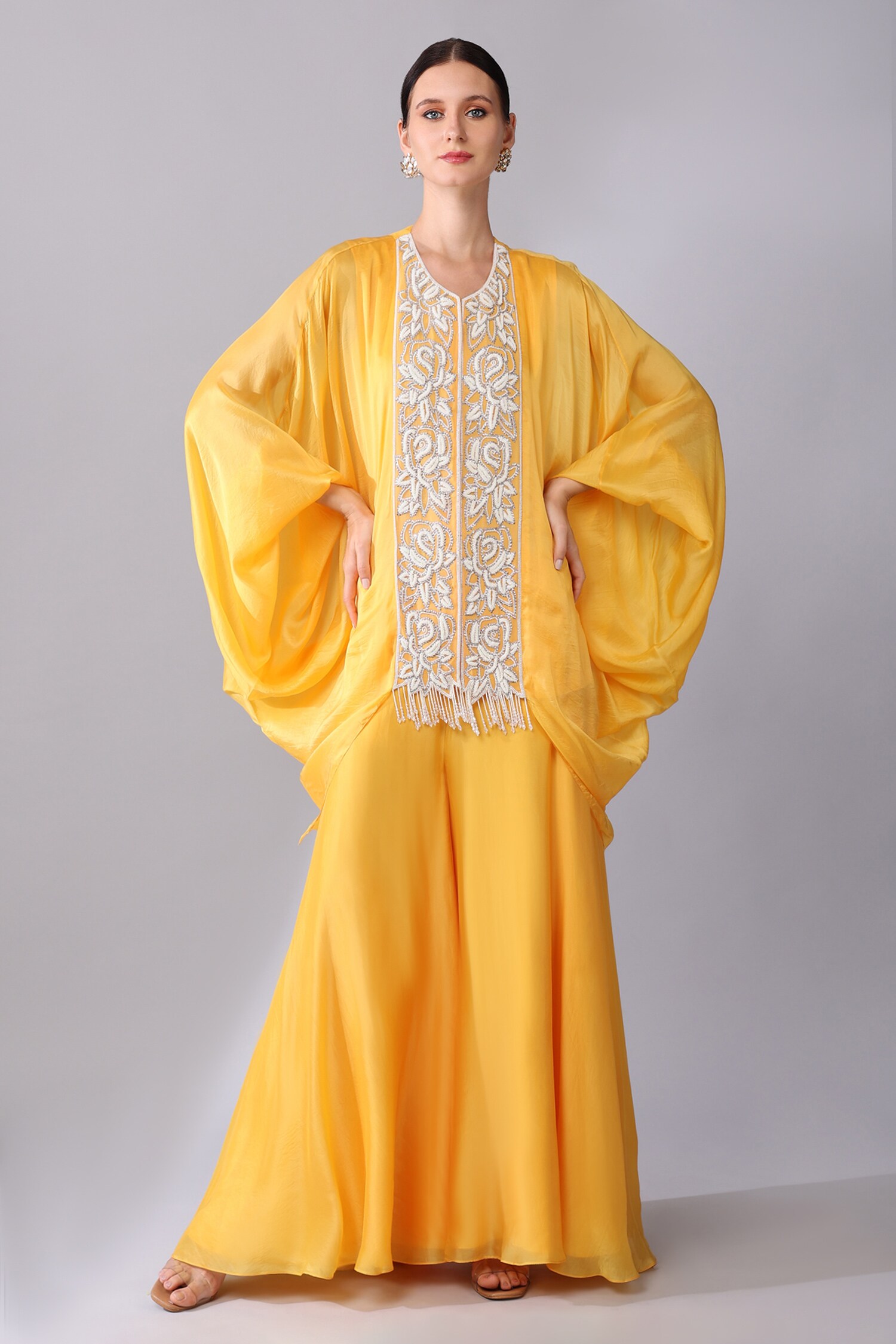 Buy Keith Gomes Orange Georgette Floral Yoke Embroidered Tunic And ...