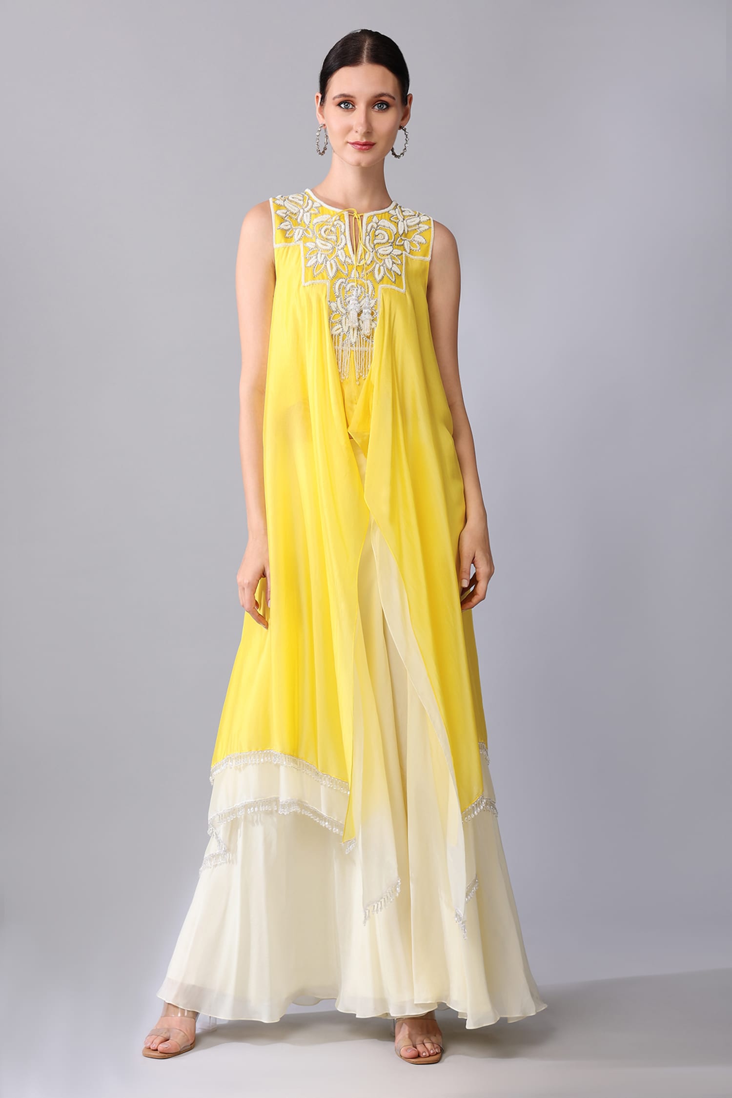 Buy Keith Gomes Yellow Silk Organza Sequin Yoke Embroidered Tunic And ...