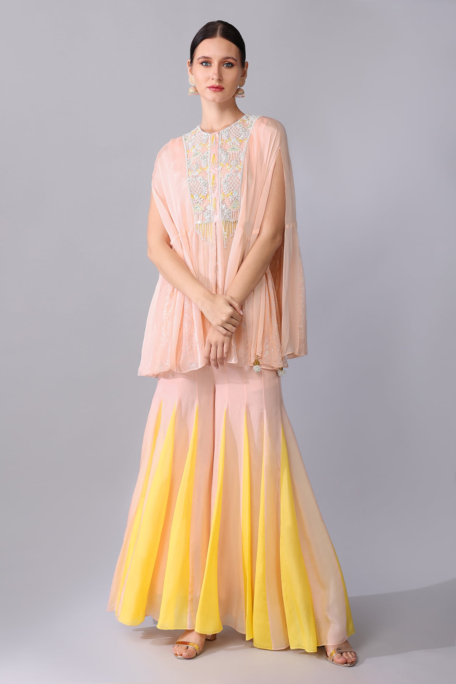 Buy Keith Gomes Pink Organza Silk Pearl Yoke Embroidered Tunic And ...