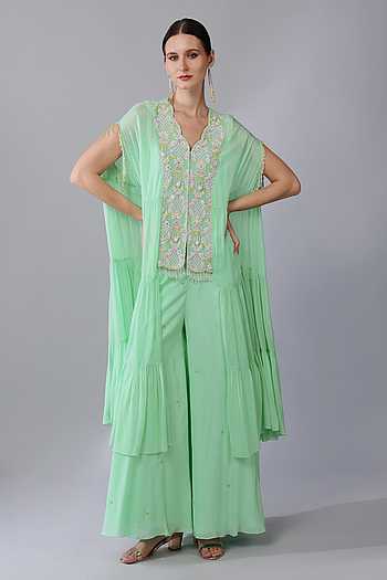 Buy Keith Gomes Green Organza Silk Embroidered Tunic And Palazzo Set ...