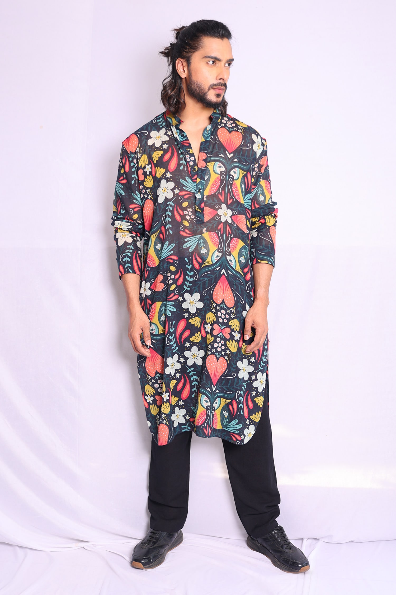 Buy Debarun Multi Color Malmal Bruce Retro Floral Print Kurta With ...