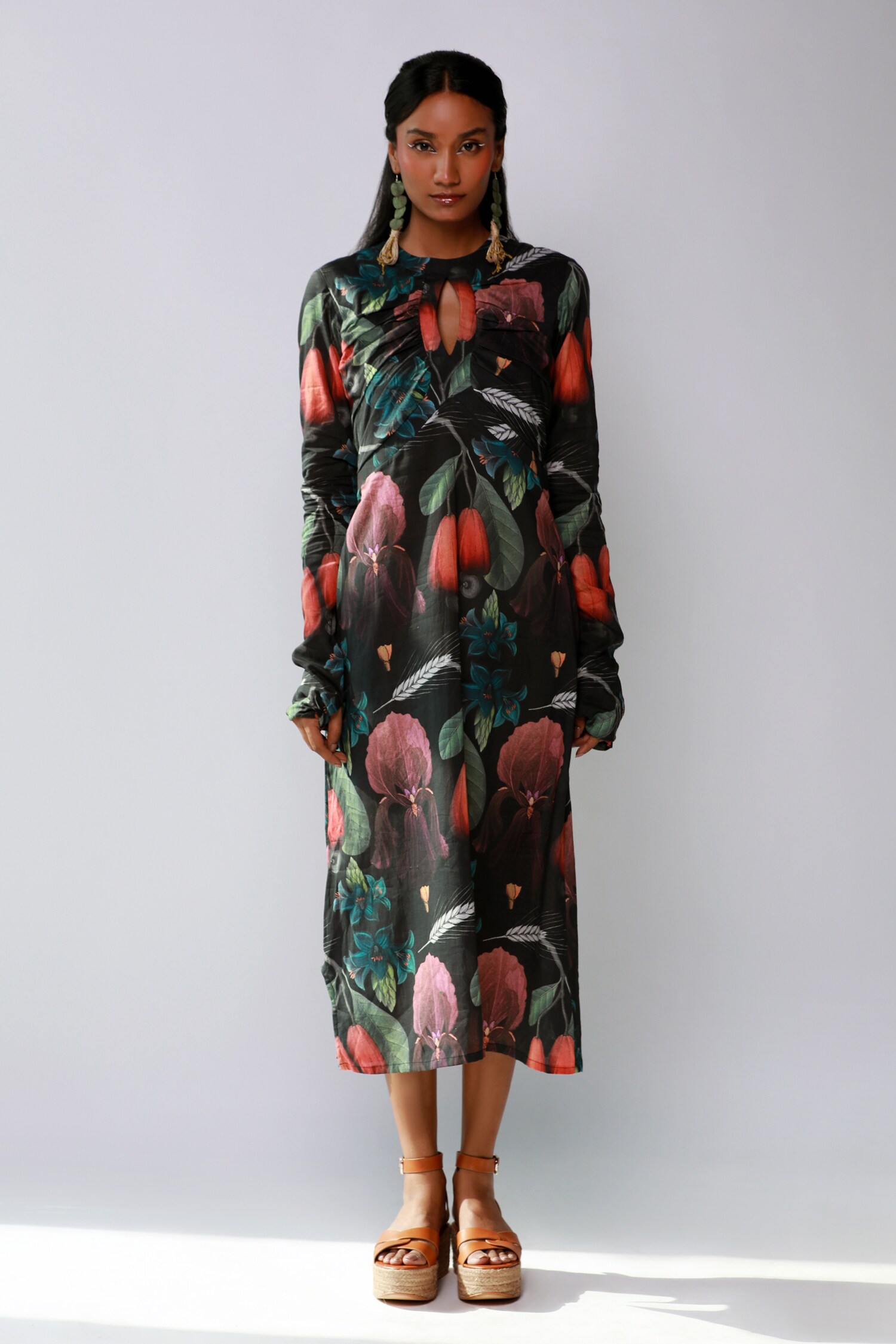 Buy Black 100% Mul Cotton Printed Floral Round Iris Wheat Dress For ...