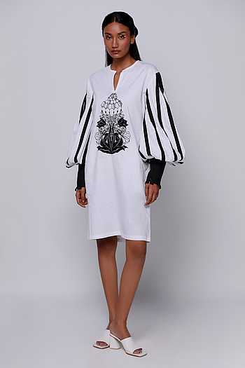 Buy Ekastories White Durian Hexad Cotton Embroidered Dress Online | Aza ...