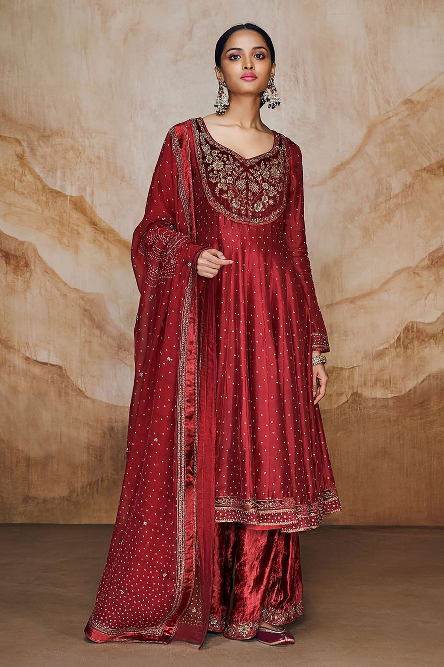 Buy Red Anarkali Viscose Uppada Hand Embroidered And Bandhani & Velvet ...