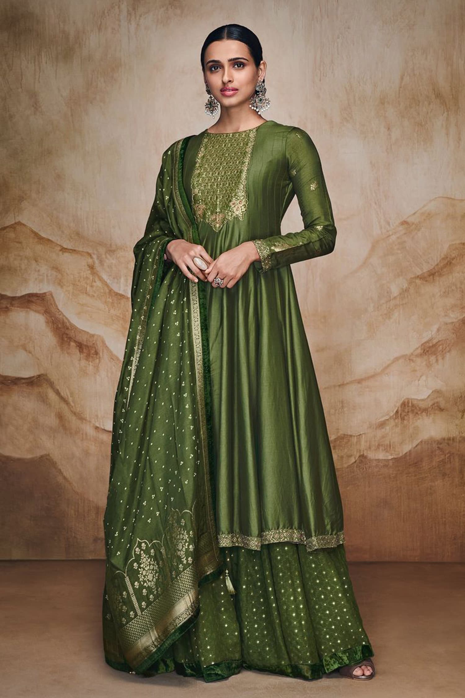 Buy Green Anarkali Modal Silk Hand Embroidered Zari Round Neck Yoke ...