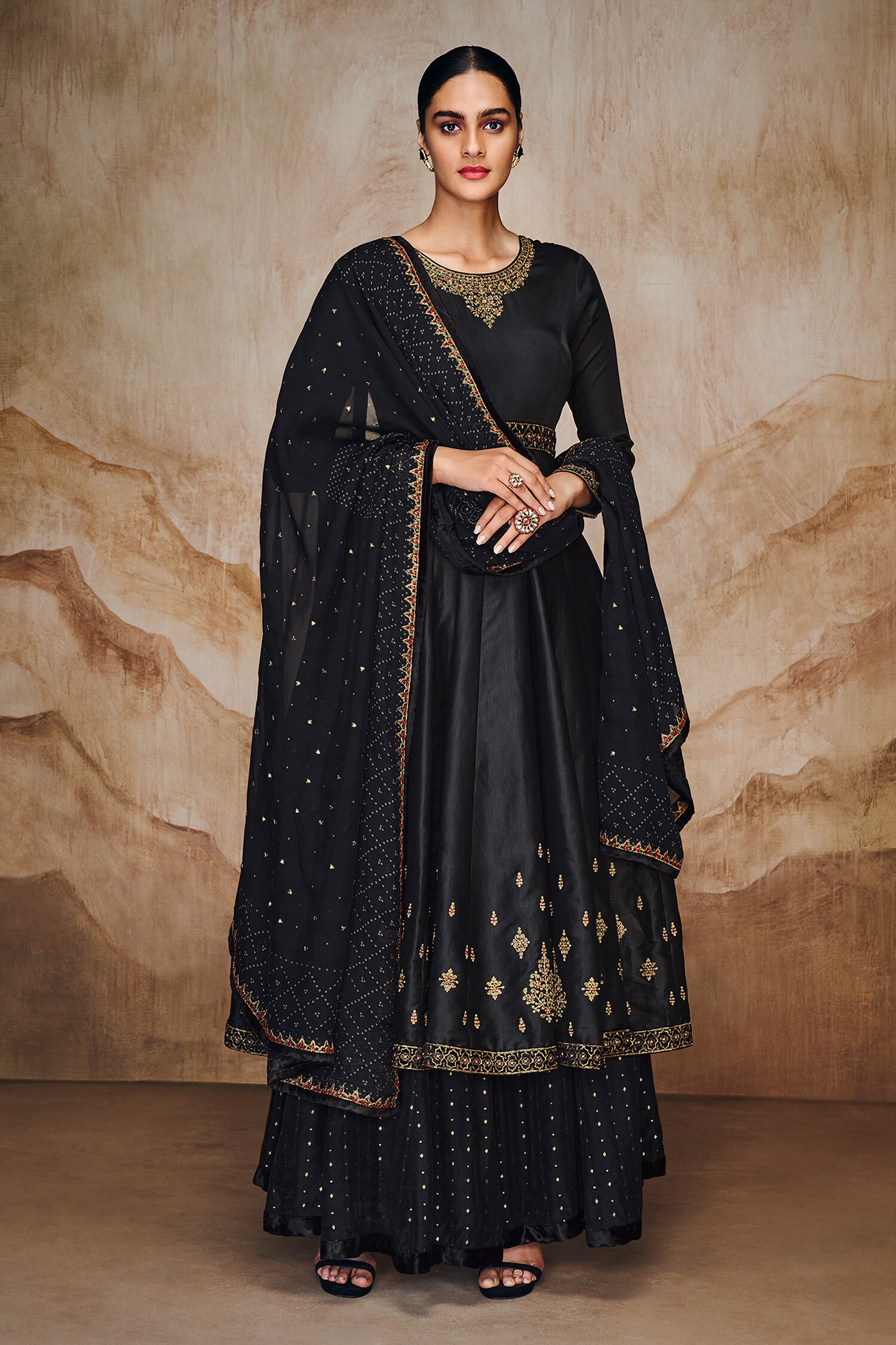 Buy Black Anarkali: Art Tusser Silk Hand Embroidered Woven Sharara Set ...