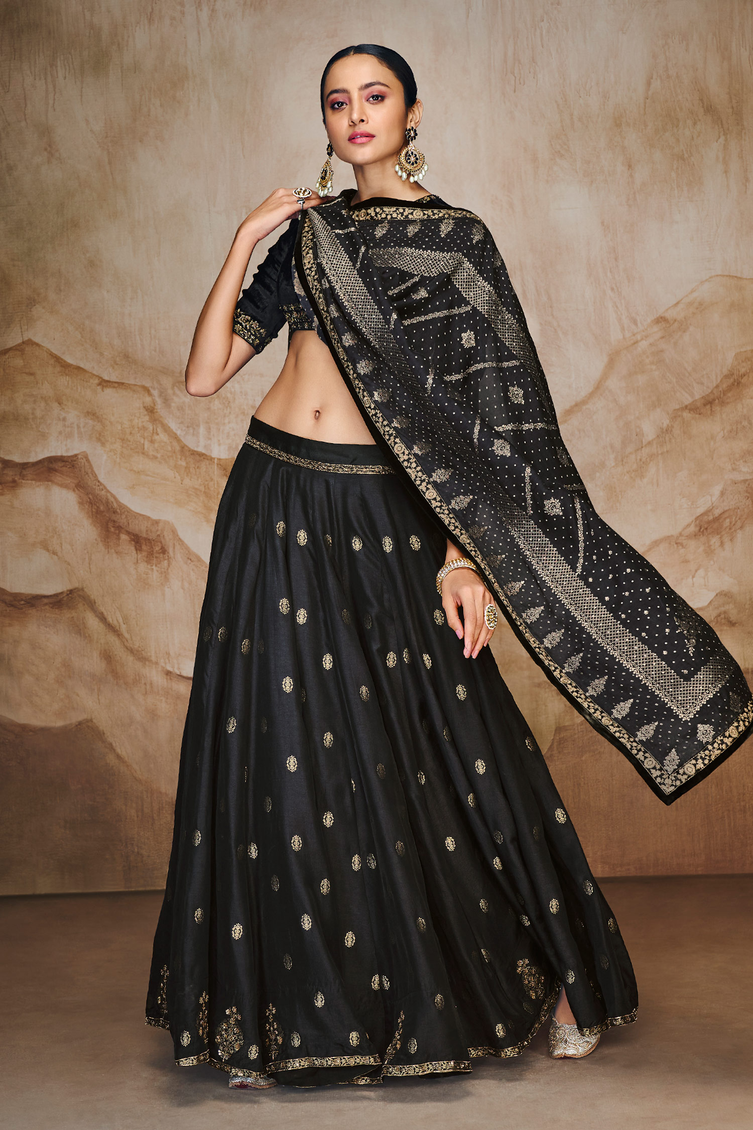 Buy Black Viscose And Hand Lehenga Set With Velvet Blouse For Women by ...