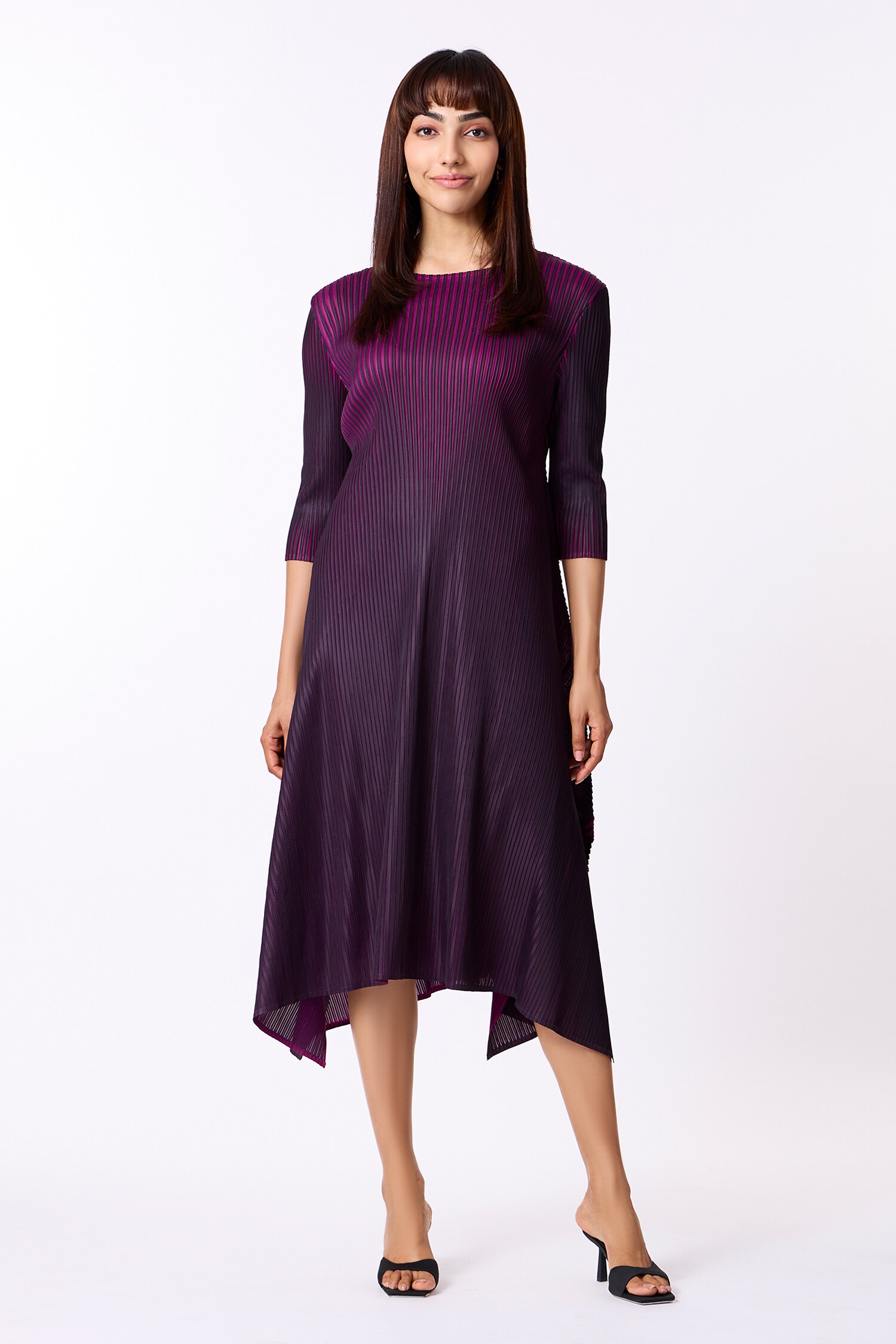 Buy Scarlet Sage Magenta Polyester Lily Pleated Waterfall A-line Dress ...