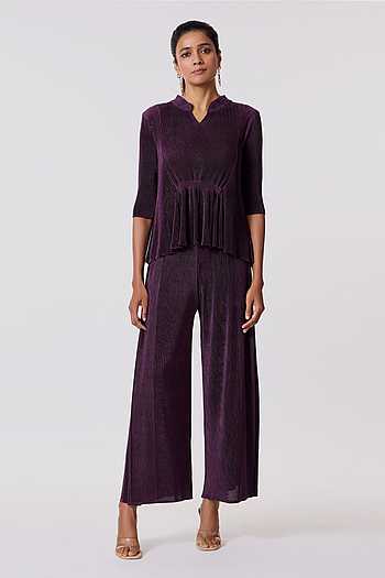 Buy Wine Solid Notched Valentina Pleated A-line Top And Flared Pant Set ...
