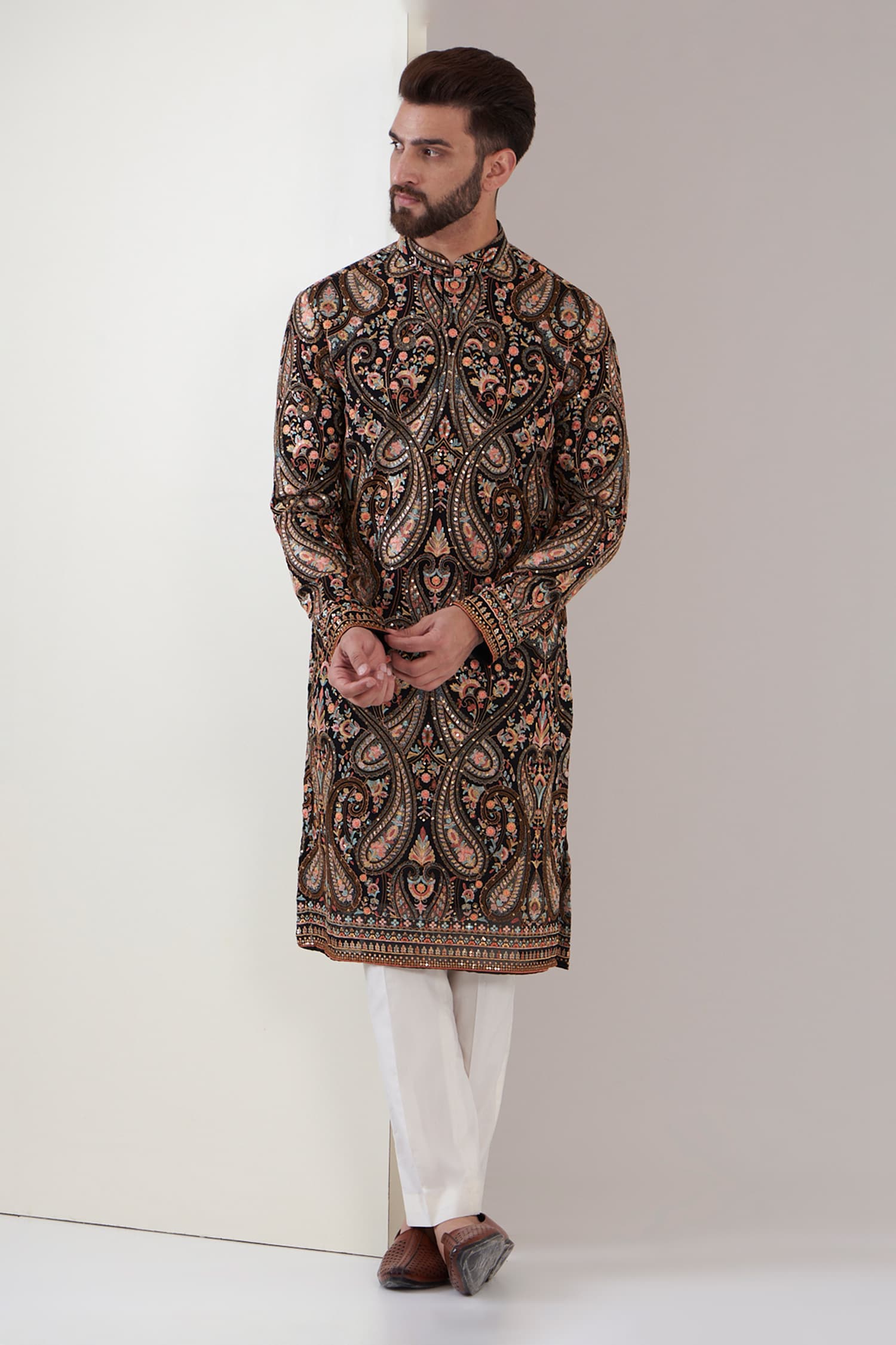 Buy Black Georgette Embroidered Kalamkari Royal Kashmiri Kurta Set For ...