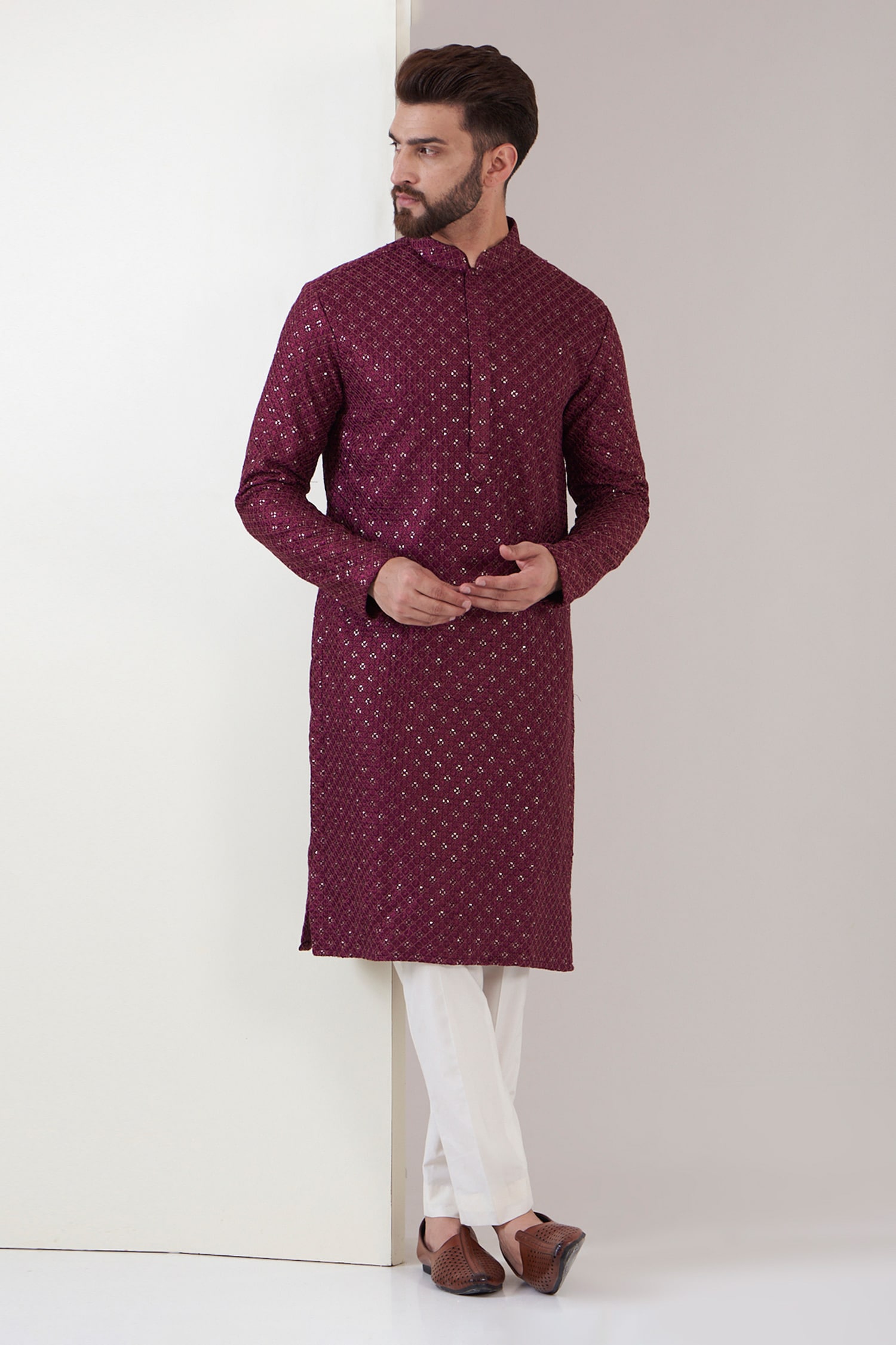 Buy Maroon Silk Embroidered Thread Diamond Pattern Kurta With Pant For ...