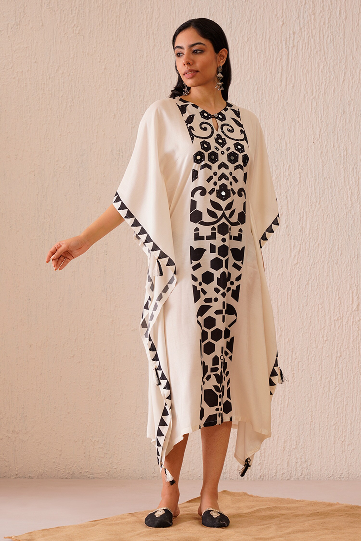 Buy Ivory Muslin Print And Embroidery Geometric Round Kaftan For Women ...
