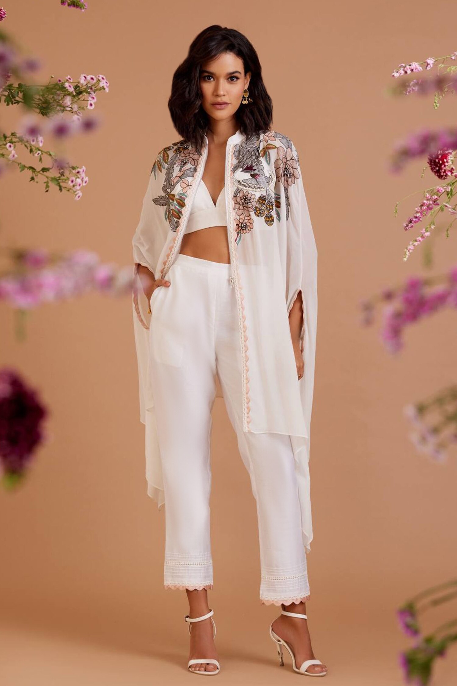 Buy White Tunic: Viscose Georgette Embroidery Flower Zipper Trouser Set ...