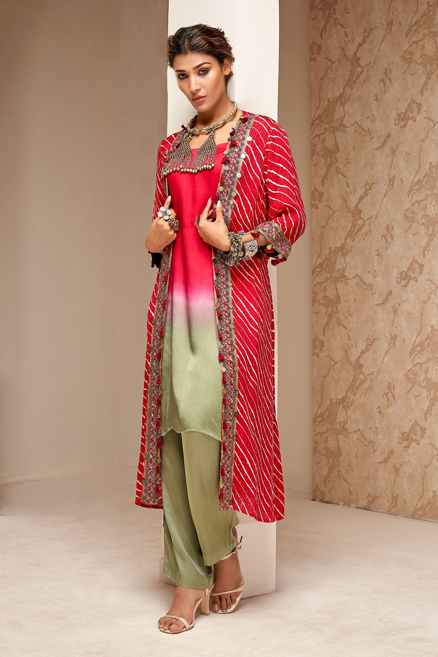 Buy Aditi Somani Green Modal Satin Aari Embroidered Jacket Pant Set ...