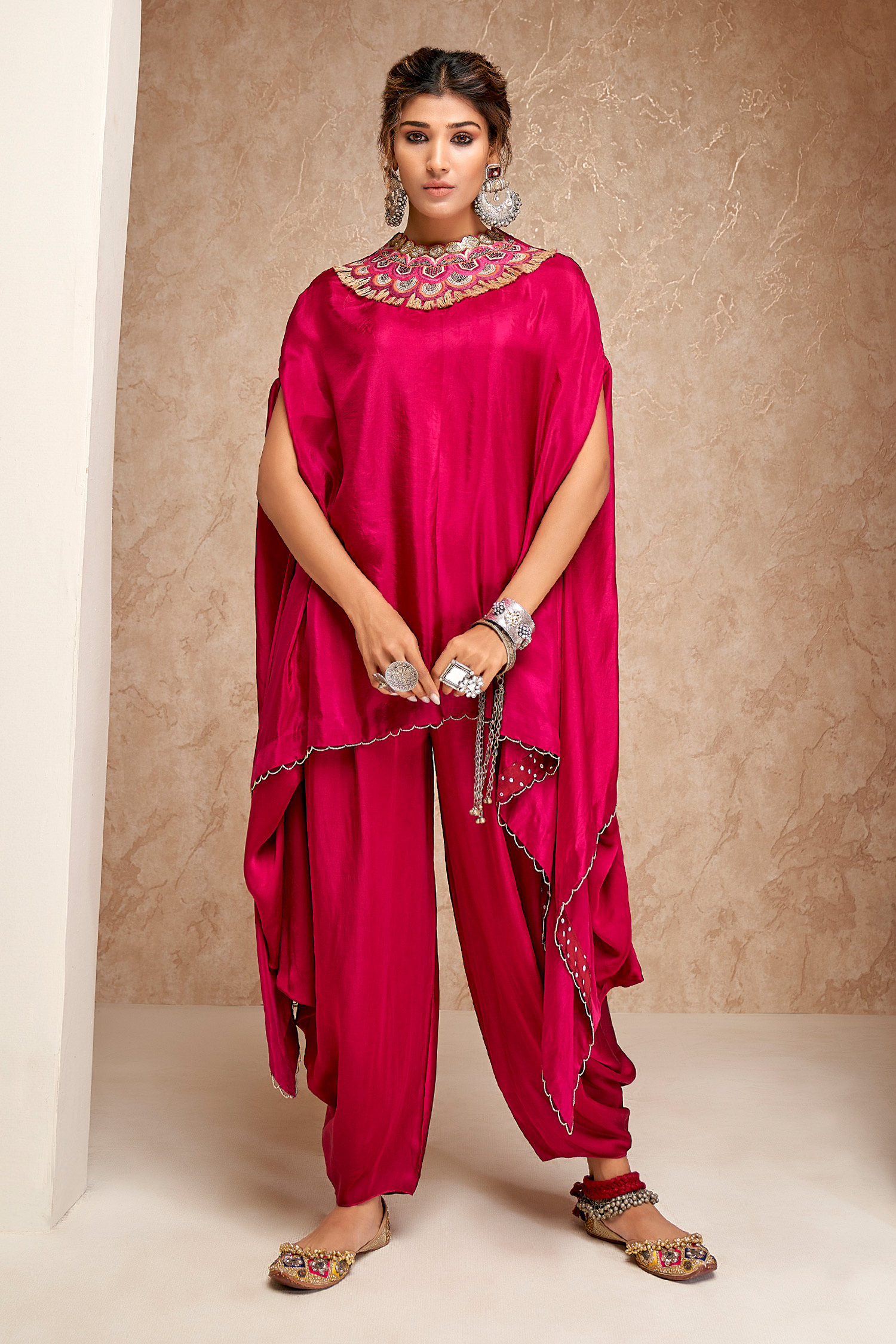 Buy Pink Silk Embroidered Thread Round Cape And Dhoti Pant Set For ...