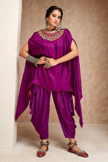Buy Purple Silk Embroidered Thread Triangle Cut Cape And Dhoti Pant Set ...