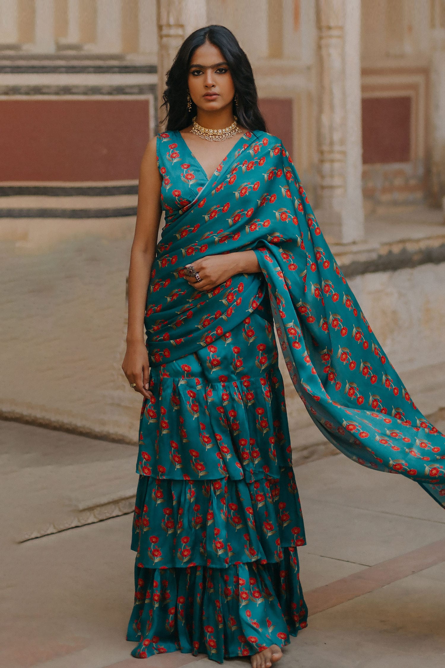 Buy Blue Muslin Printed Rose V Neck Pre-draped Saree With Blouse For ...