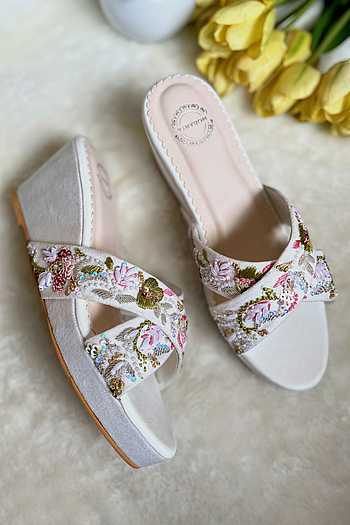 Buy White Embroidered Cross Strap Wedges by Modanta Footwear Online at ...