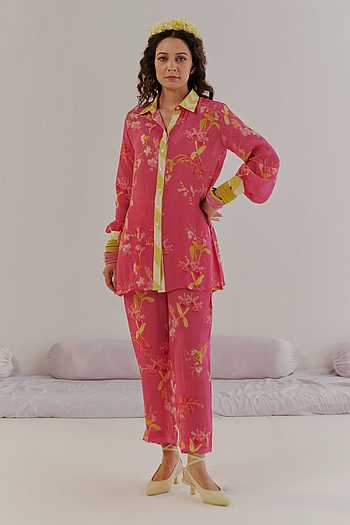 Buy 172 THREADS Pink Crepe Floral Pattern Shirt Kurta And Pant Set ...