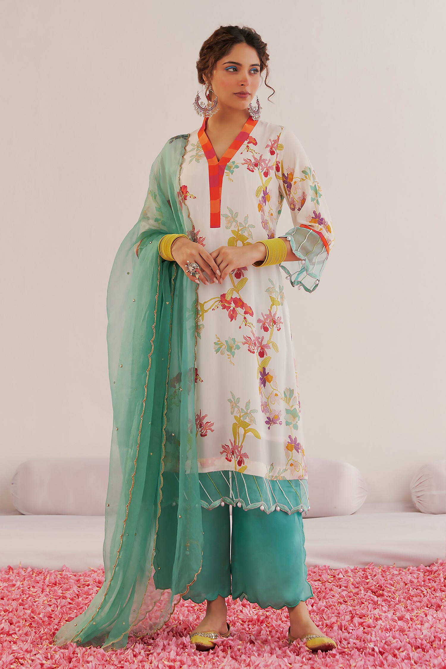 Buy Pink Crepe Printed Floral V Neck Sleeve Hem Embroidered Kurta Pant Set For Women by 172 ...