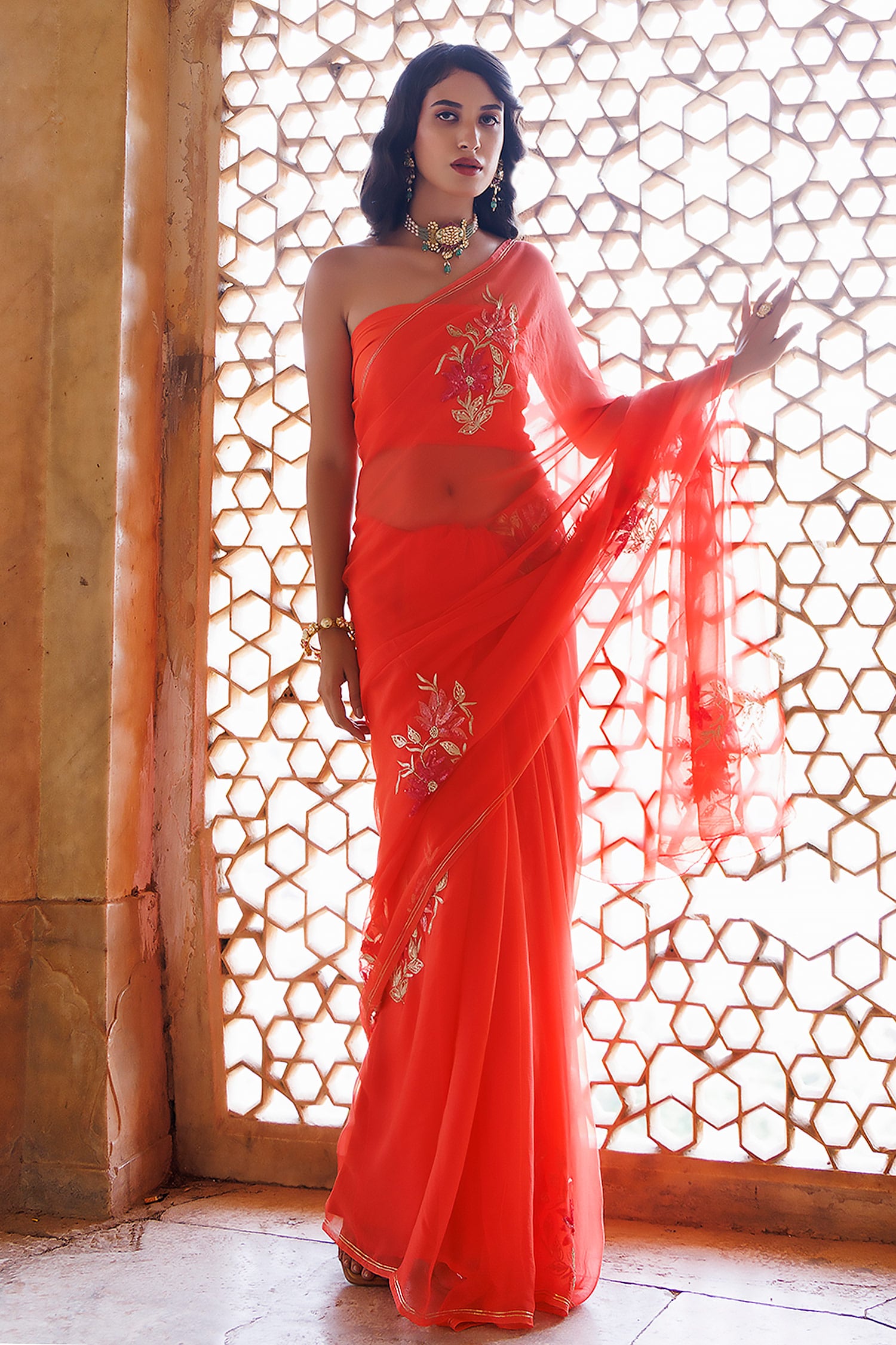 Buy Peach Chiffon Hand Floral Saree With Unstitched Blouse Piece For ...